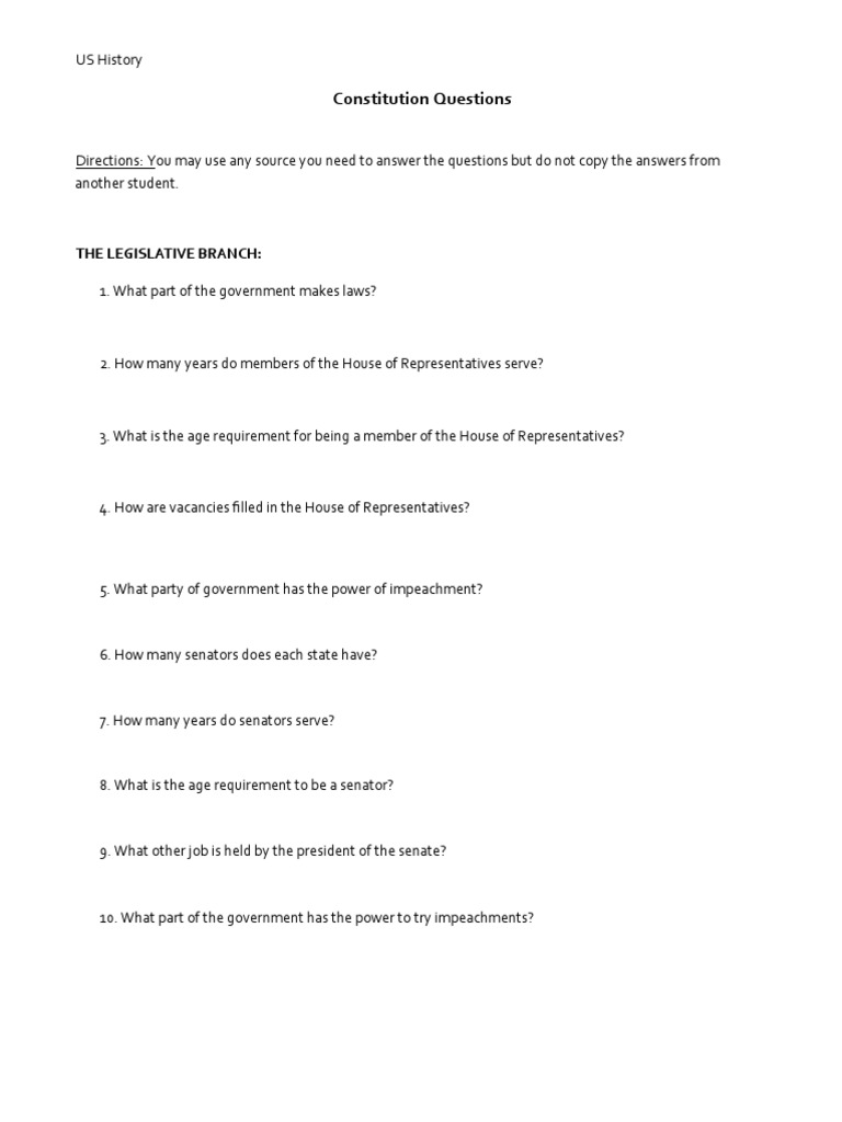 HW - Constitution Questions | PDF | United States Congress | American ...