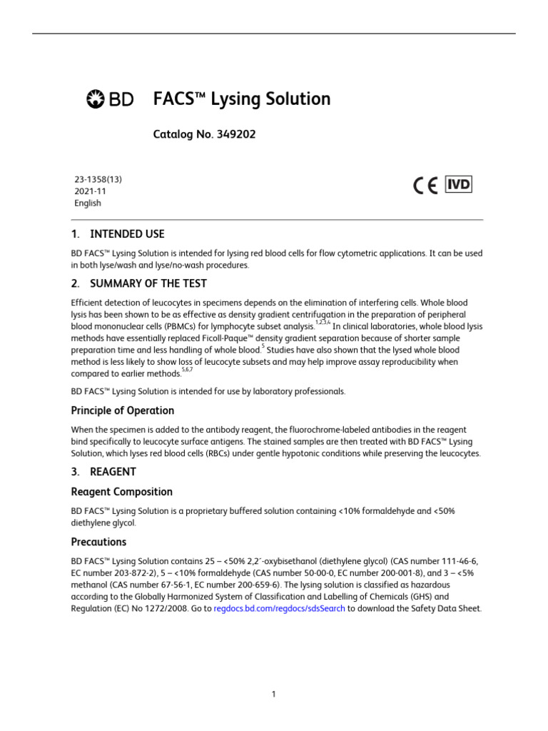 BD FACS™ Lysing Solution - 23-1358 - 202101 | PDF | Flow Cytometry | Lysis