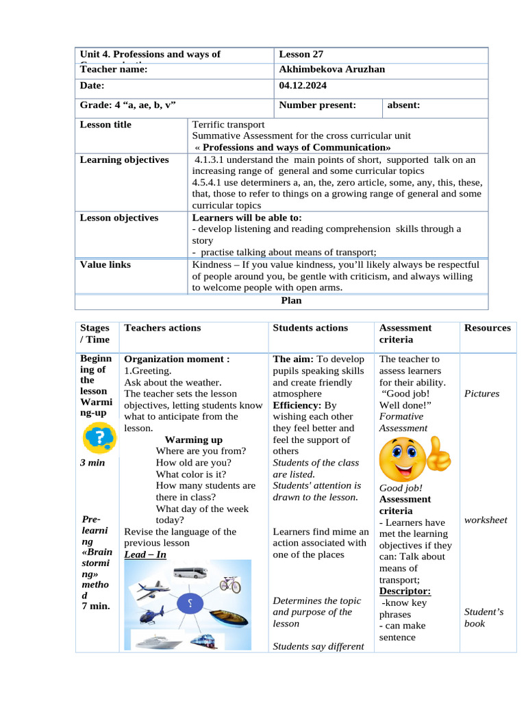 Transport Communication Lesson Plan | PDF | Learning | Cognition