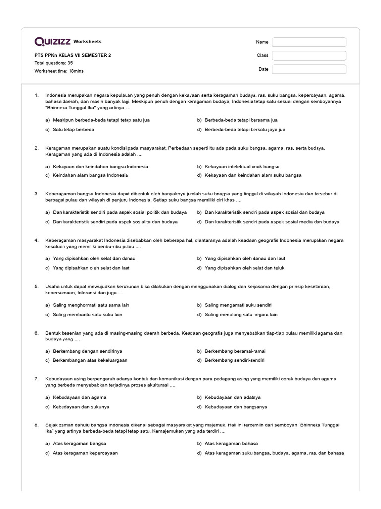 PTS PPKN KELAS VII SEMESTER 2 - Quizizz | PDF
