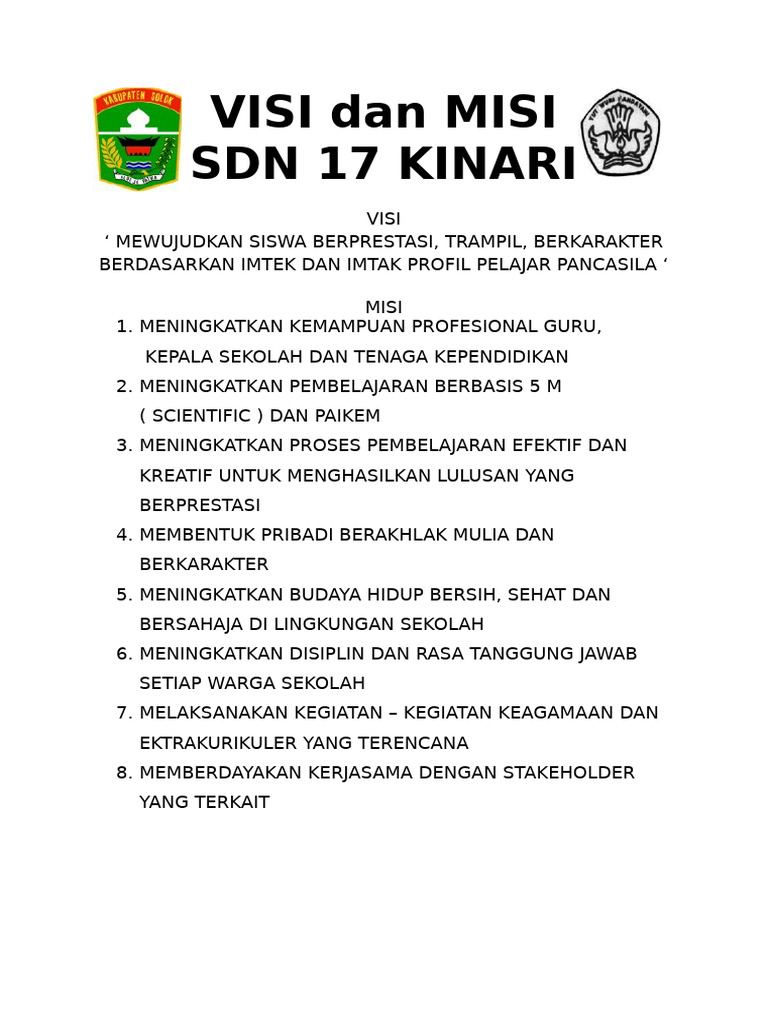 Visi Misi SDN 17 Kinari: Prestasi & Karakter | PDF