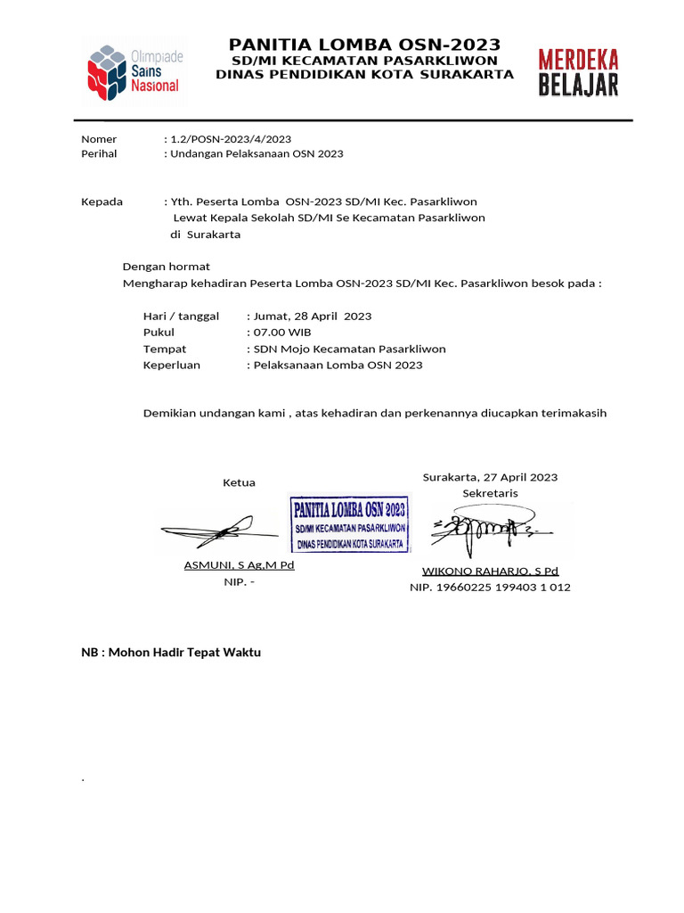 Undangan Peserta Osn-2023 | PDF