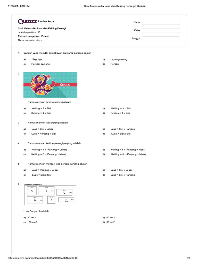 Soal Matematika Luas dan Keliling Persegi _ Quizizz | PDF