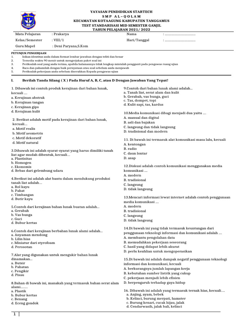 PTS Prakarya 8 Ganjil 2022 2023 | PDF