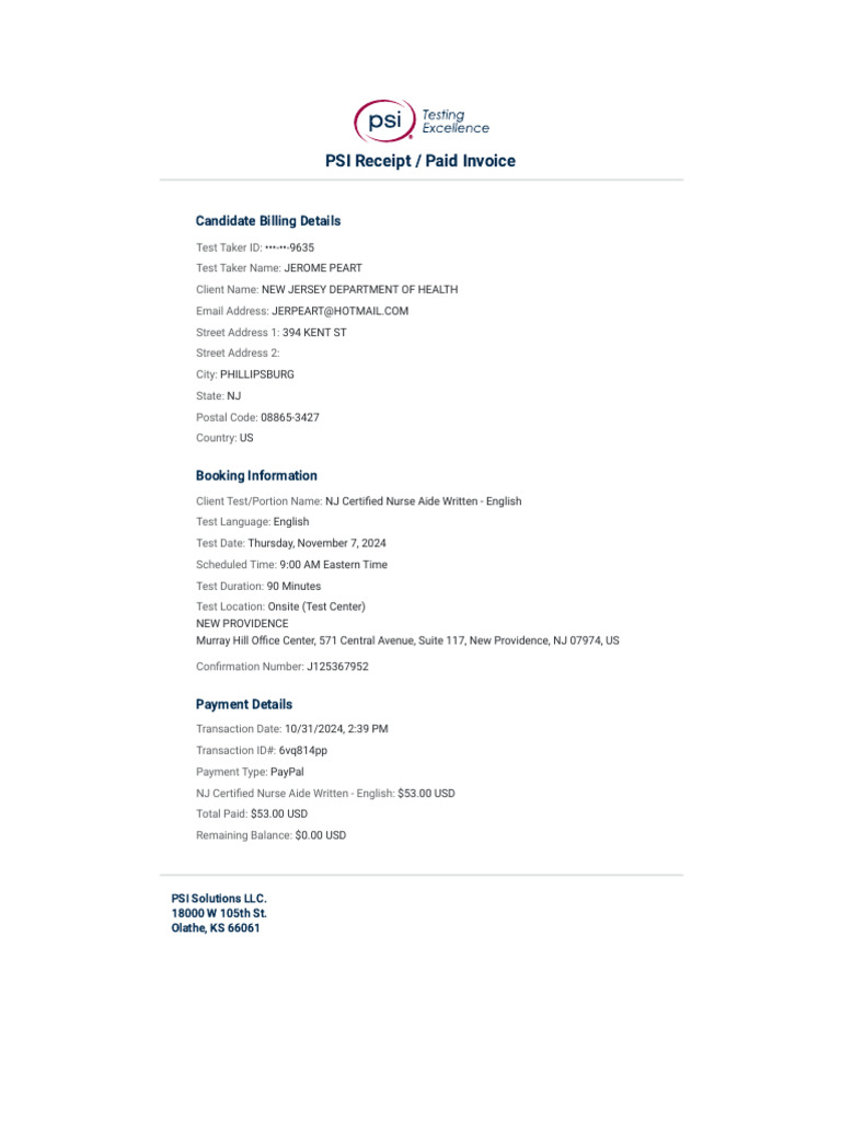 Booking Confirmation - PSI Online | PDF