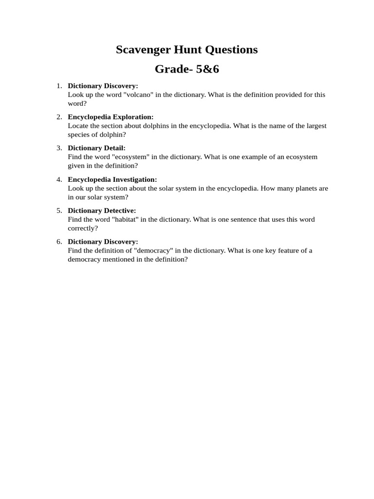 Scavenger Hunt Questions for Grades 5-6 | PDF