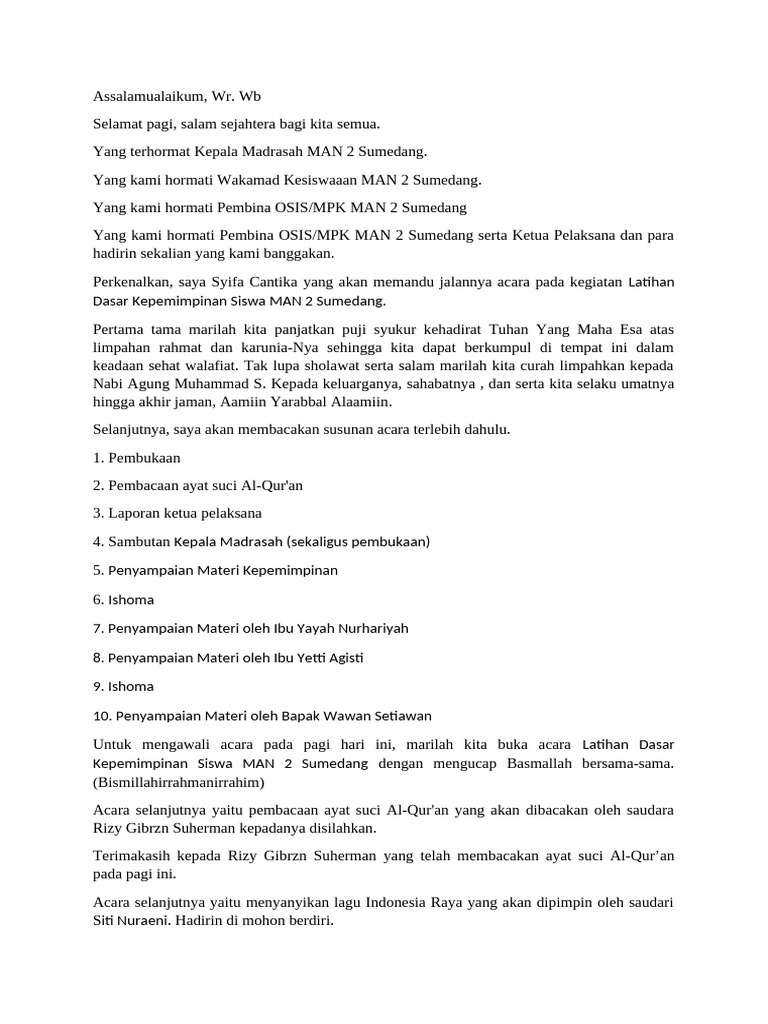 Teks MC Pembukaan LDKS MAN 2 Sumedang | PDF