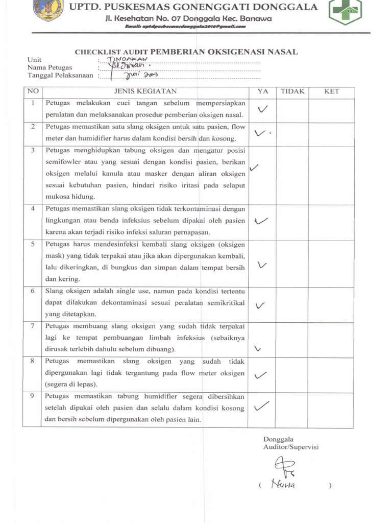 Ceklist Pemberian Oksigenasi Nasal | PDF