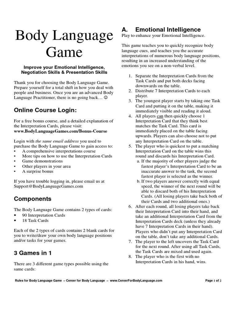 Body Language Game Rules - v2.1 | PDF | Body Language | Communication