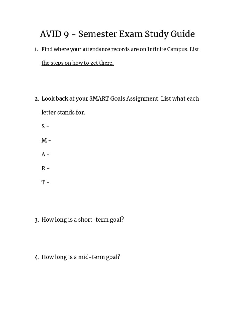 Avid 9 - Semester Exam Study Guide | PDF