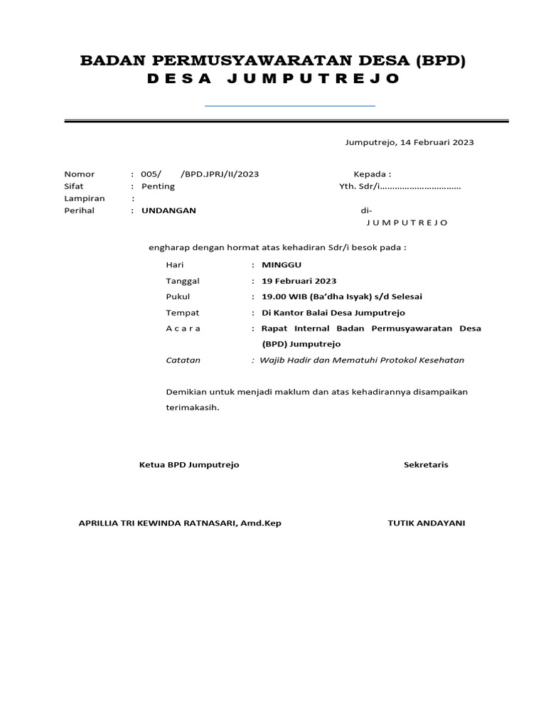 Undangan Rapat BPD Jumputrejo 2023 | PDF