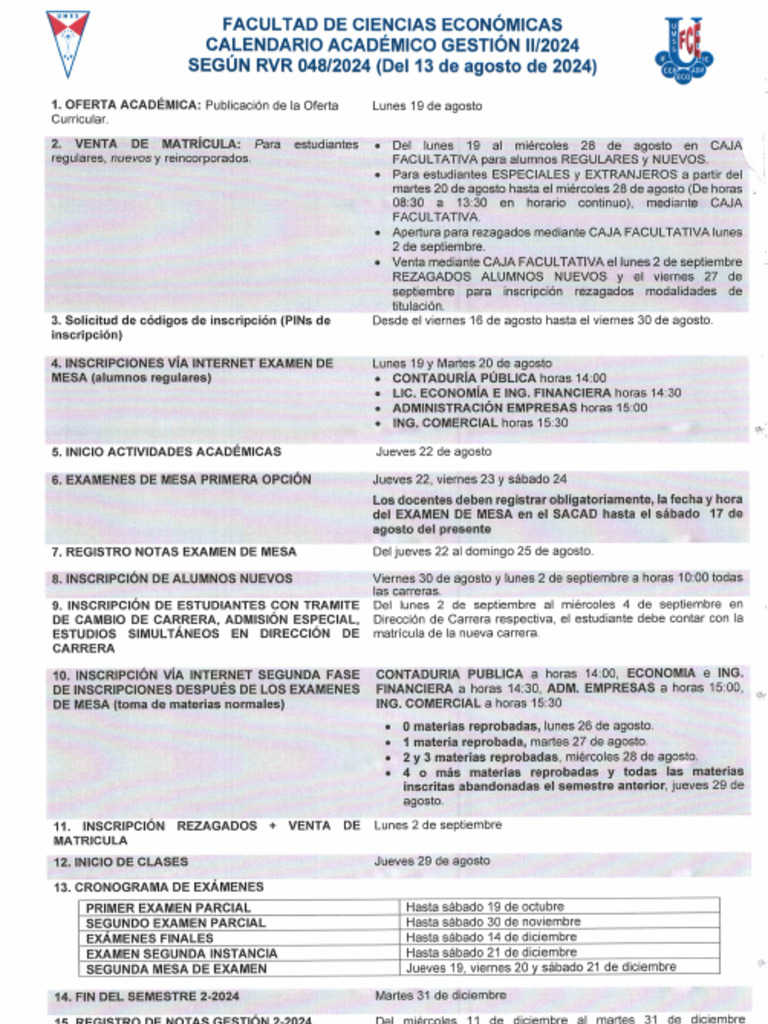 Calendario Académico FCE 2-2024 - 0 | PDF