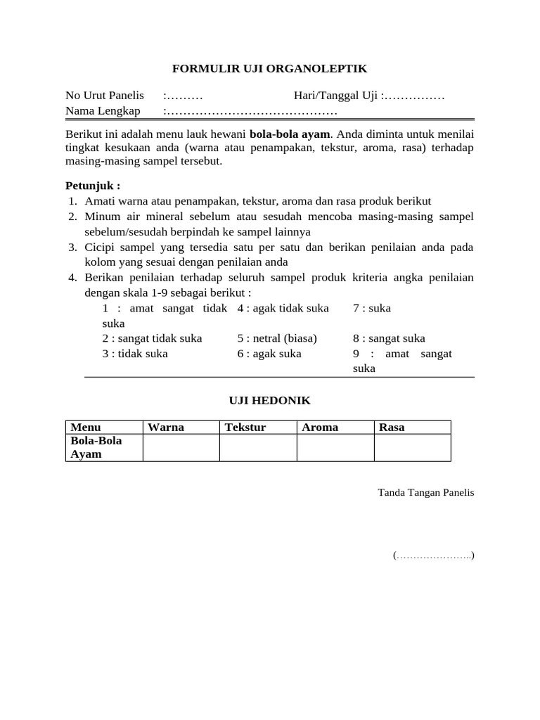 Form Uji Organoleptik | PDF