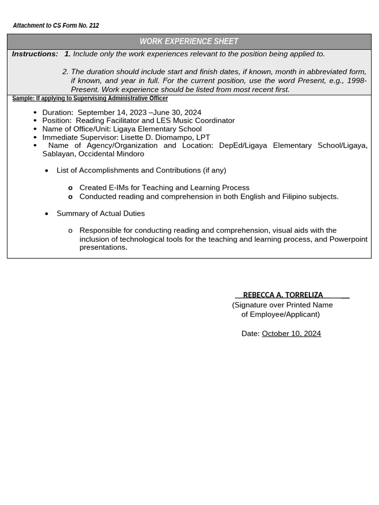 CS Form No. 212 Attachment - Work Experience Sheet | PDF
