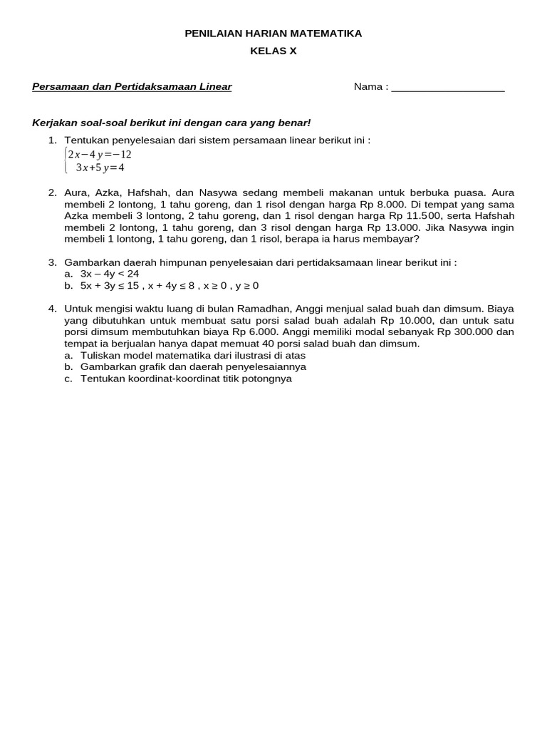 PH Persamaan Dan Pertidaksamaan Linear Kelas X 2024 | PDF