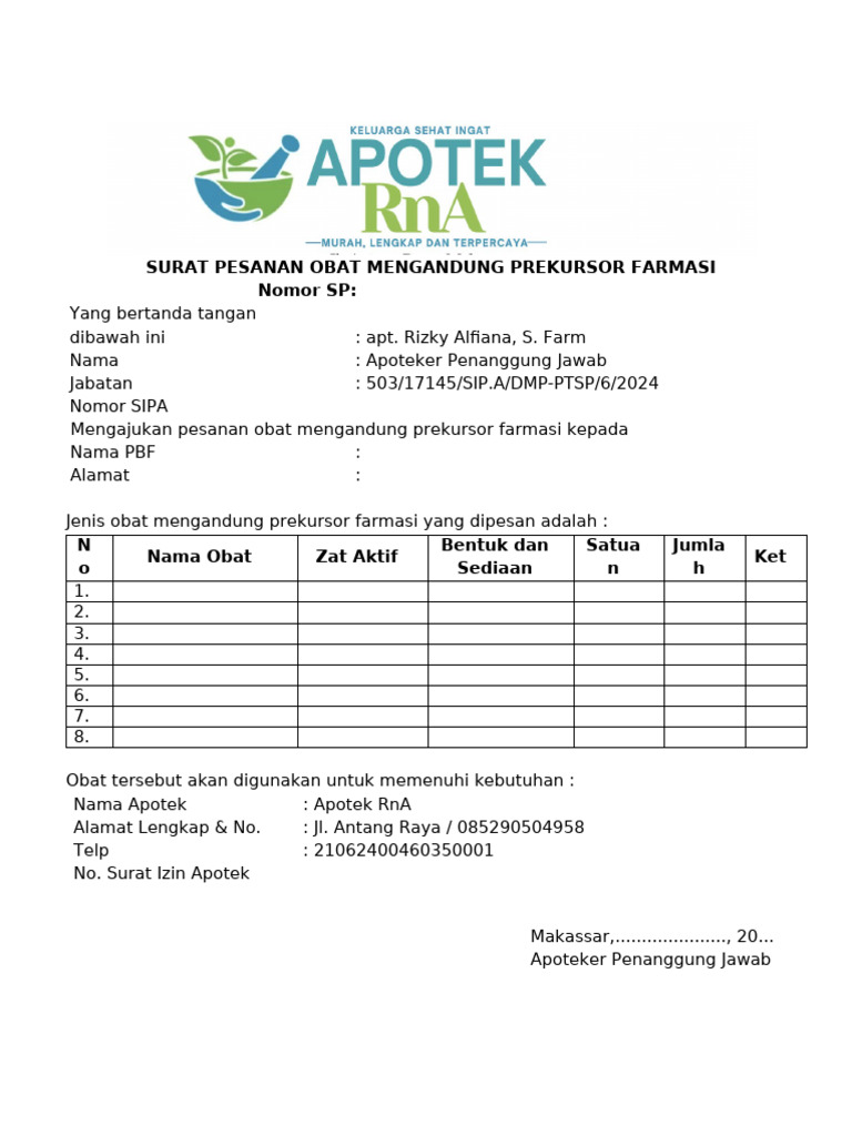 SURAT PESANAN PREKURSOR Apotek RnA | PDF