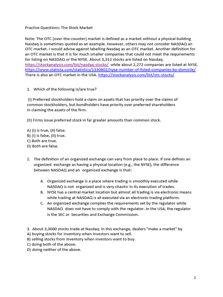 Practice Questions On The Stock Market Qns Only Nov 2024 For Students ...