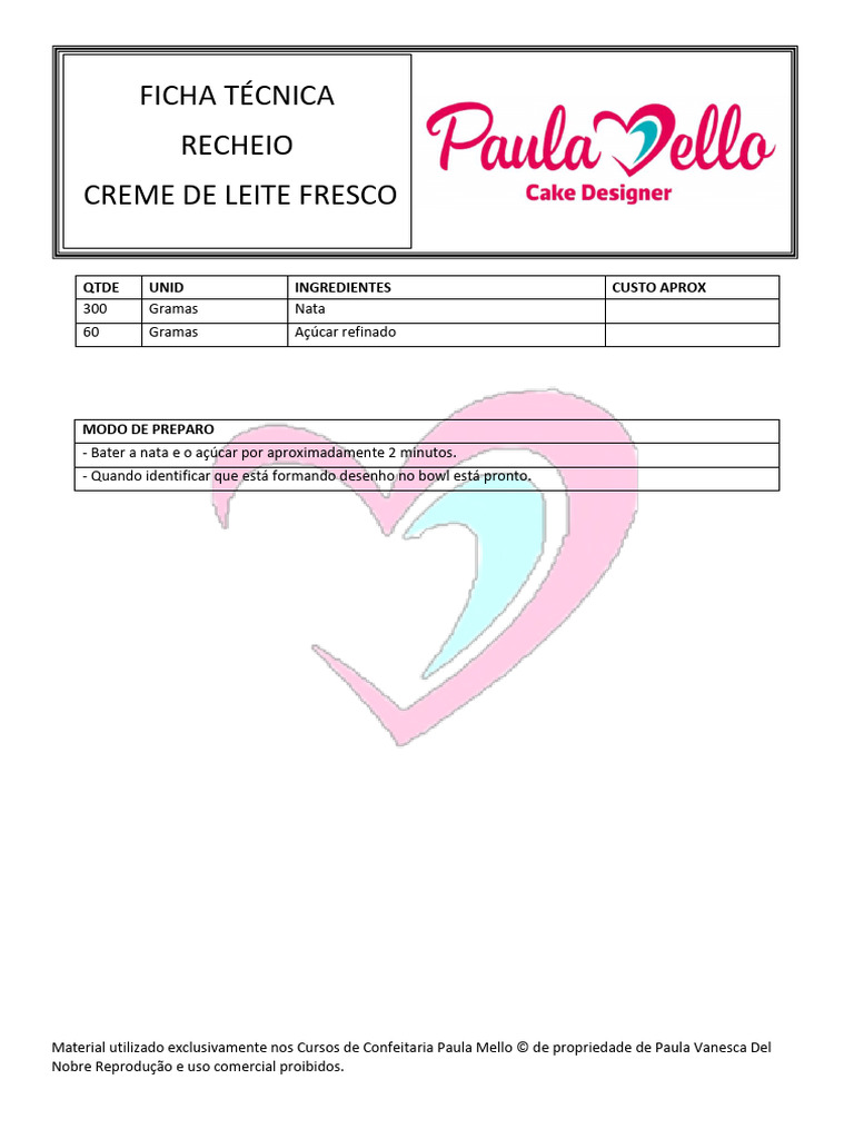 Ficha Tecnica Recheio de Creme de Leite Fresco Nata | PDF