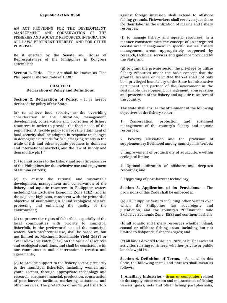 RA-8550 (1) | PDF | Coral | Fishery