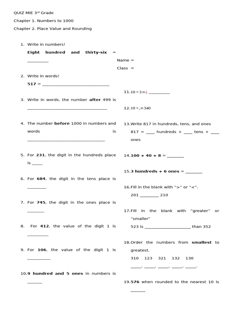 3rd Grade Math Quiz: Numbers & Place Value | PDF