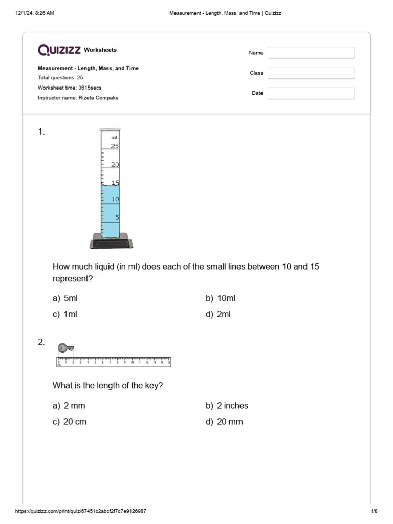 Measurement Worksheets: Length, Mass, Time | PDF | Metre | Measurement