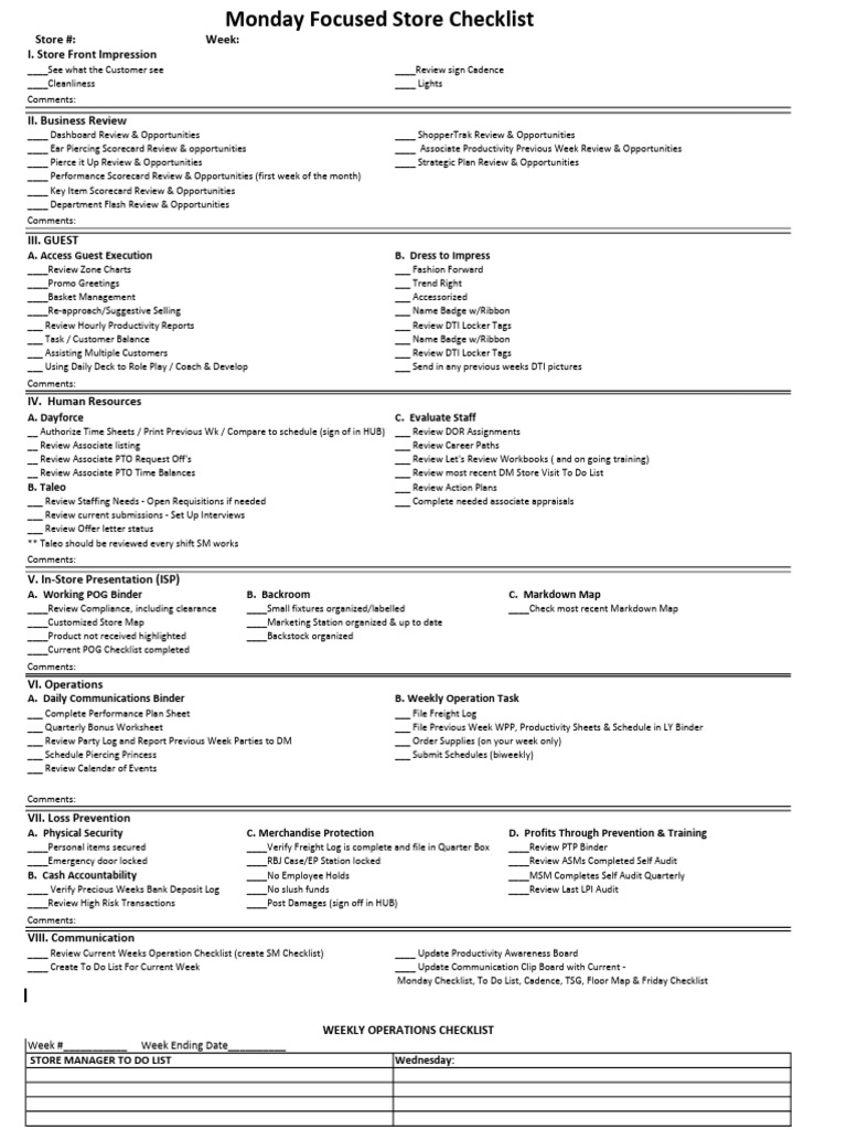 Store Manager Weekly Checklist | PDF | Business