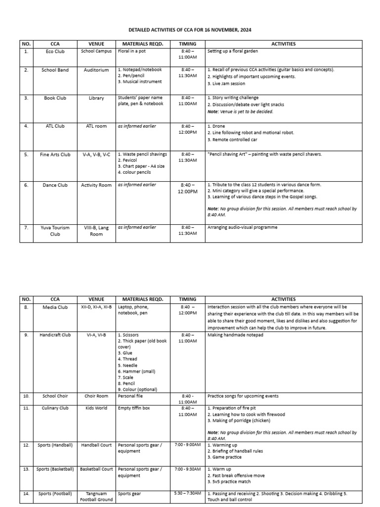 16 November CCA Activities | PDF | Notebook