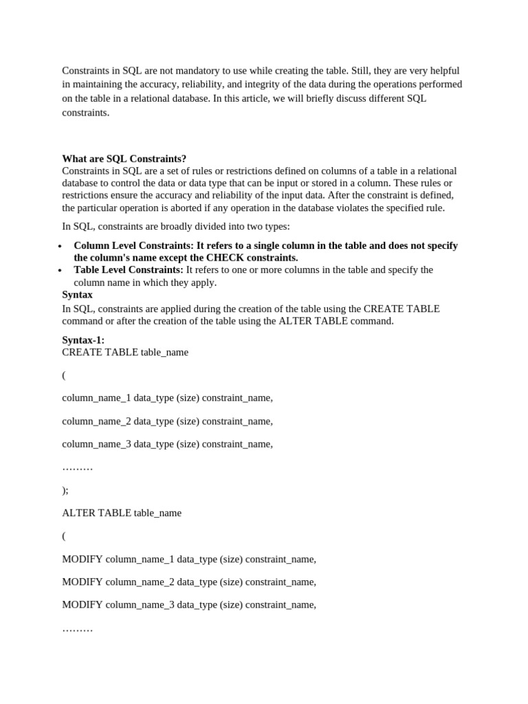Constraints In Sql Are Not Mandatory To Use While Creating The Table Pdf Relational Database