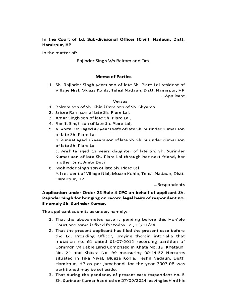 Application Uo 22 R 4 CPC Rajinder Singh v. Balram SDO Nadaun For ...