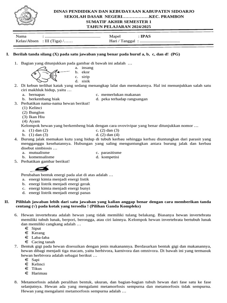 Soal Sas 1 Ipas Kelas 3 | PDF