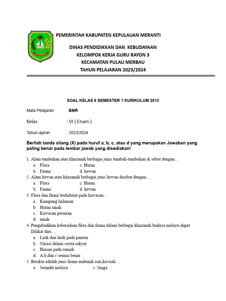 soal BMR kelas VI semester 1 | PDF