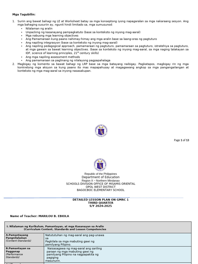 GMRC 1 Lesson Plan (Q3 W1) | PDF