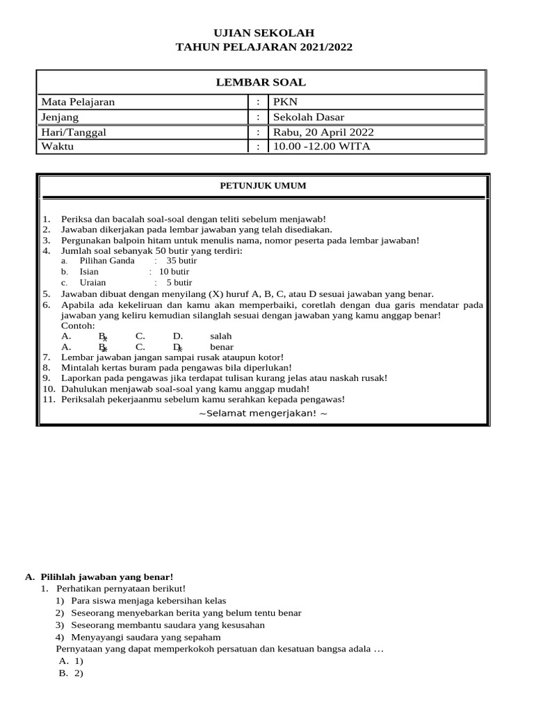Soal PKN Ujian 2022 Ok | PDF