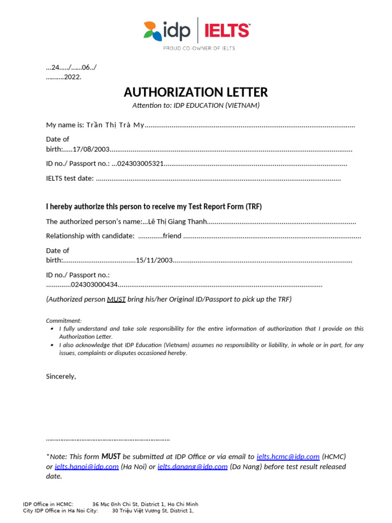 IDP Authorization Letter Form | PDF | Ho Chi Minh City | Vietnam