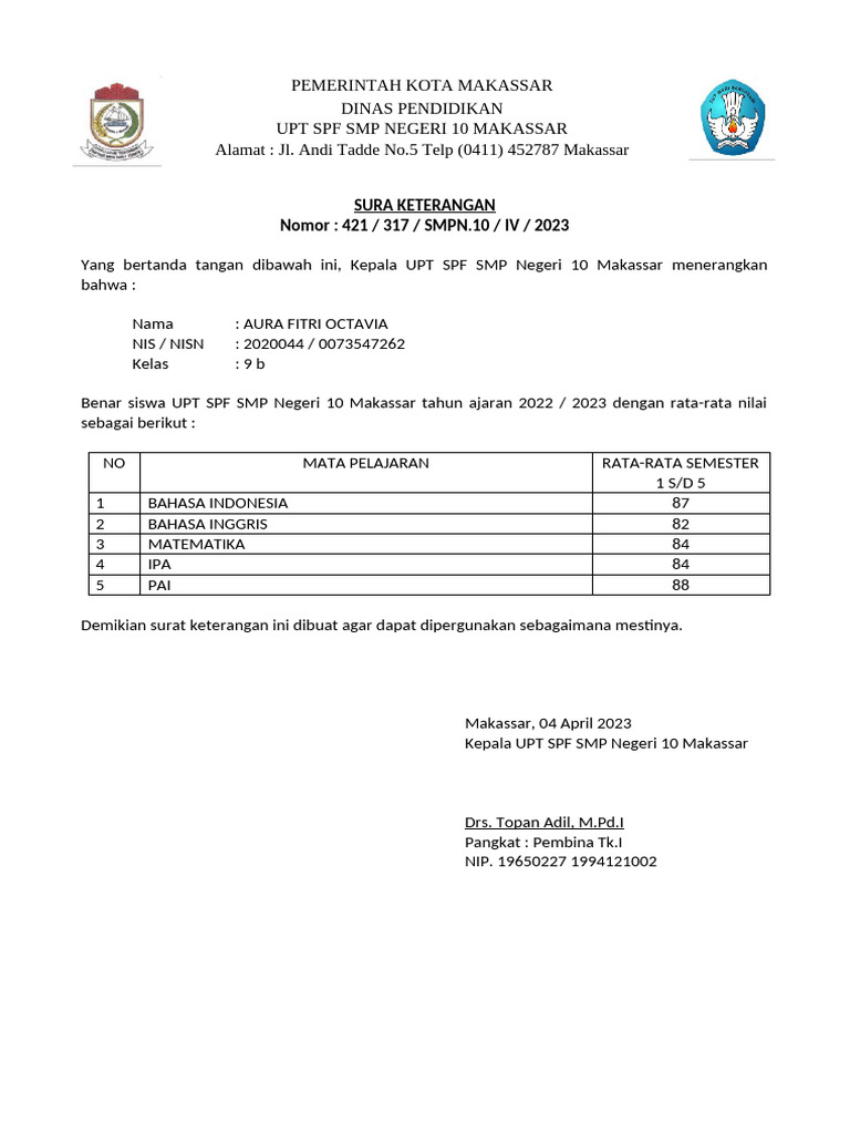 surat keterangan rata-rata rapor | PDF