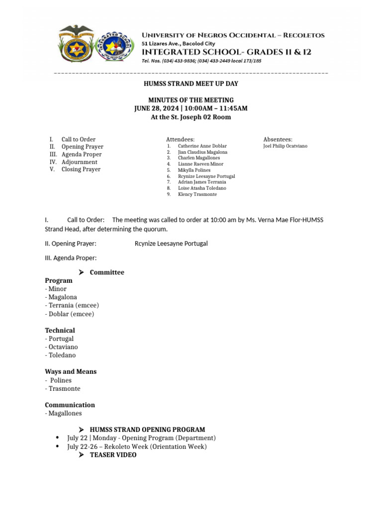 Minutes of The Meeting Humss Day | PDF