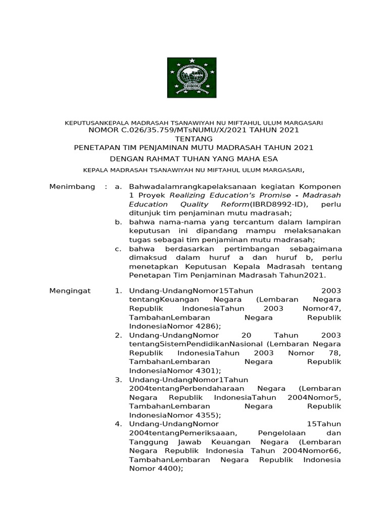 SK Tim Penjamin Mutu Madrasah 2021 | PDF