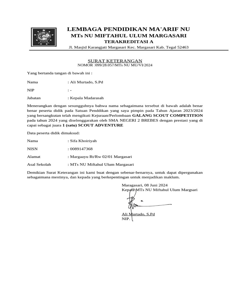 Surat Keterangan Prestasi | PDF