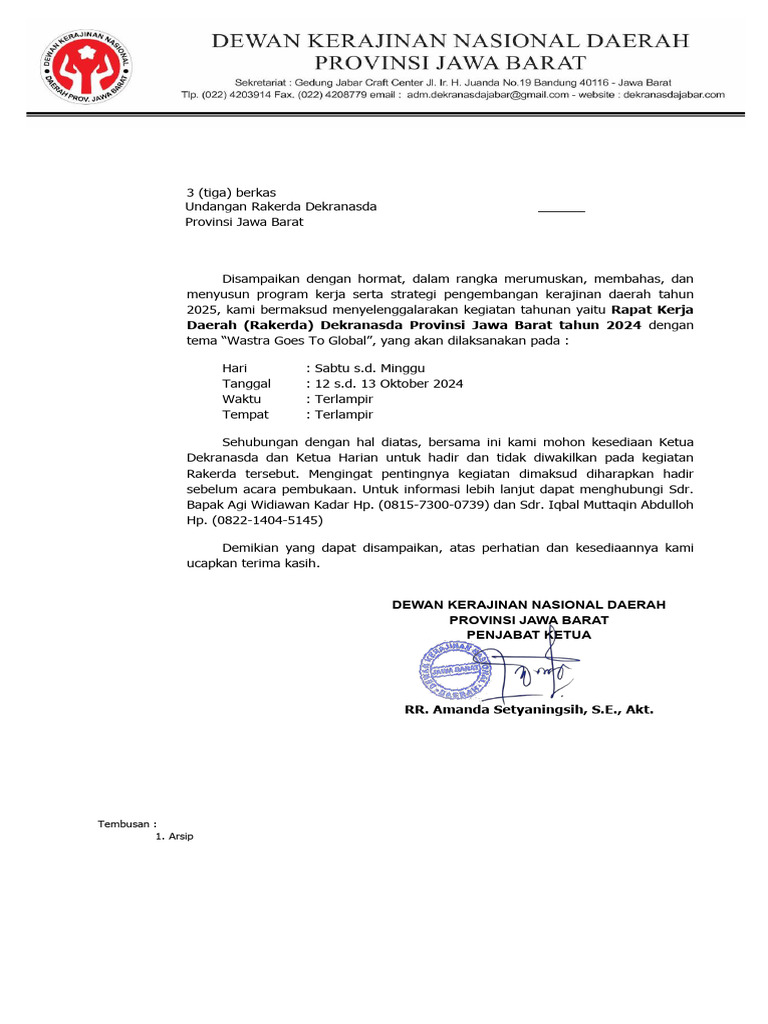 Undangan Rakerda Dekranasda Jabar 2024 | PDF