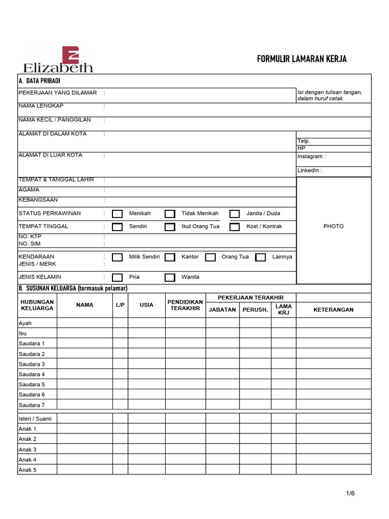 Pt. Elizabeth Hanjaya - Form Lamaran | PDF