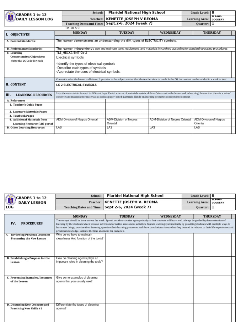 Grade 8 TLE Daily Lesson Log: Cookery | PDF | Learning | Teachers