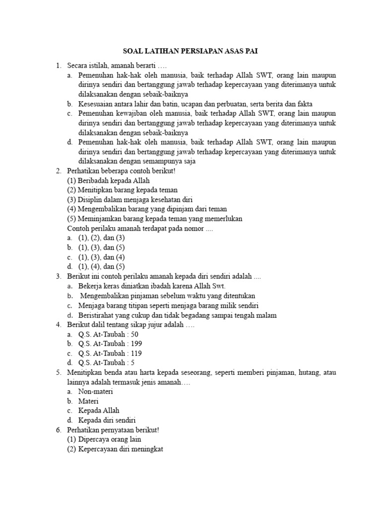 Soal Latihan Persiapan Asas Pai | PDF