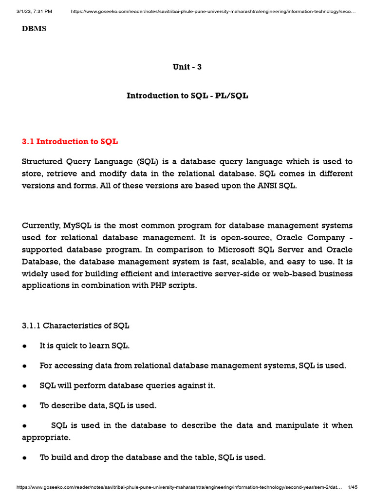 Unit 3 Introduction To SQL PLSQL | PDF | Sql | Database Index
