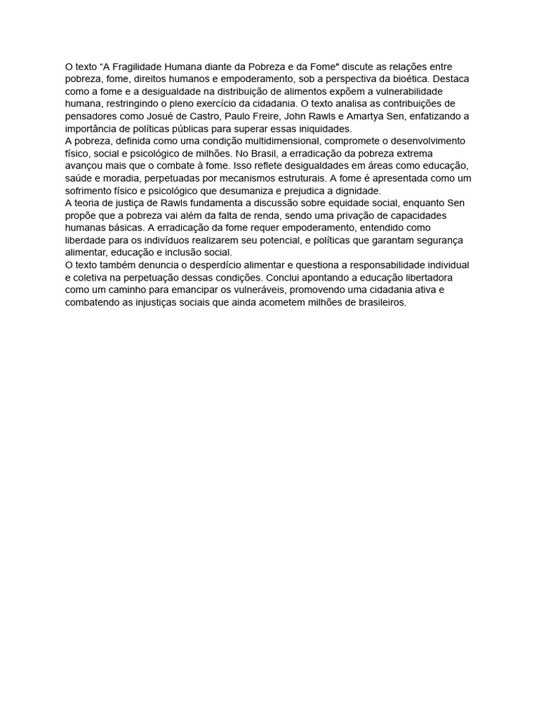 Síntese Do Texto "A Fragilidade Humana Diante Da Pobreza e Da Fome ...
