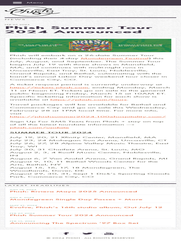 Phish Summer Tour 2024 Announced - Phish | PDF