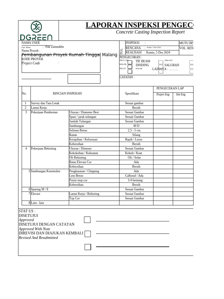 Form Inspeksi Pengecoran Compress | PDF