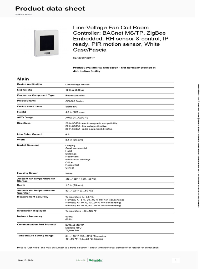 Schneider Electric - SpaceLogic-SE8000-Room-Controller - SER8350A5B11P ...