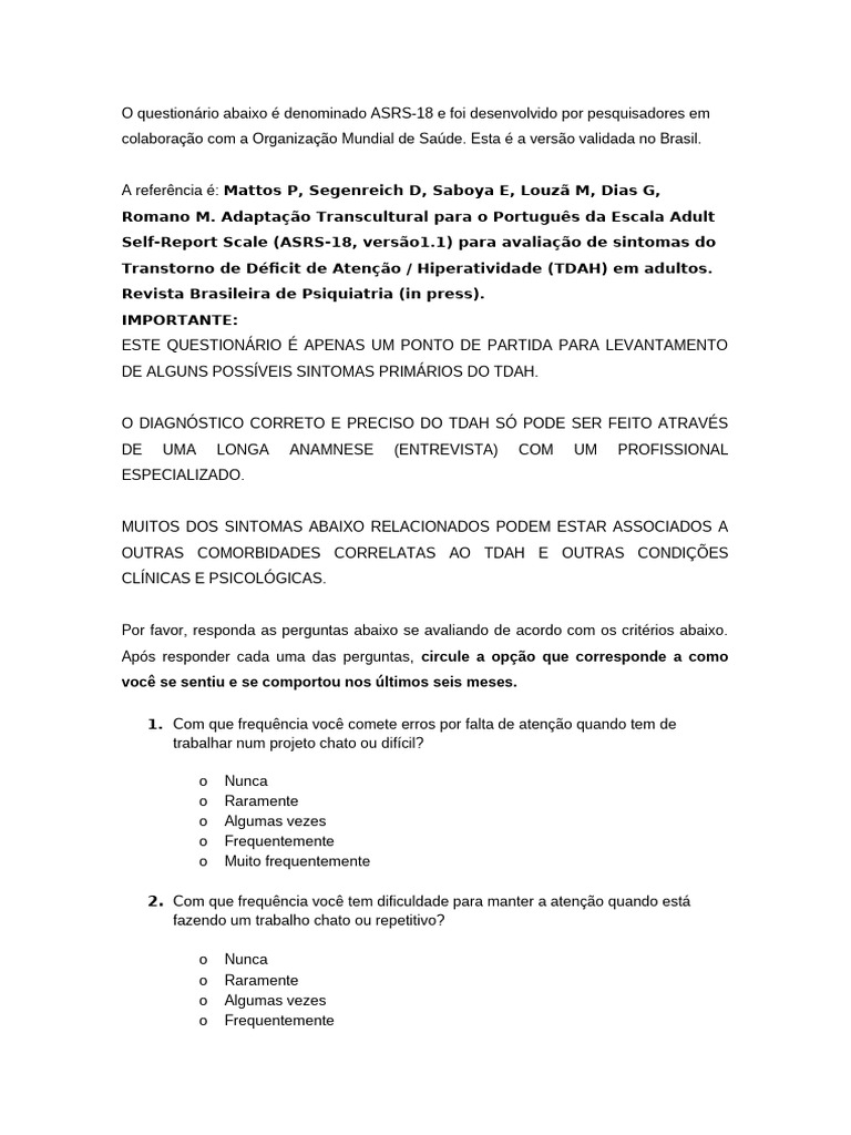 Questionário ASRS 18 para Triagem de TDAH em Adultos | PDF | Transtorno ...