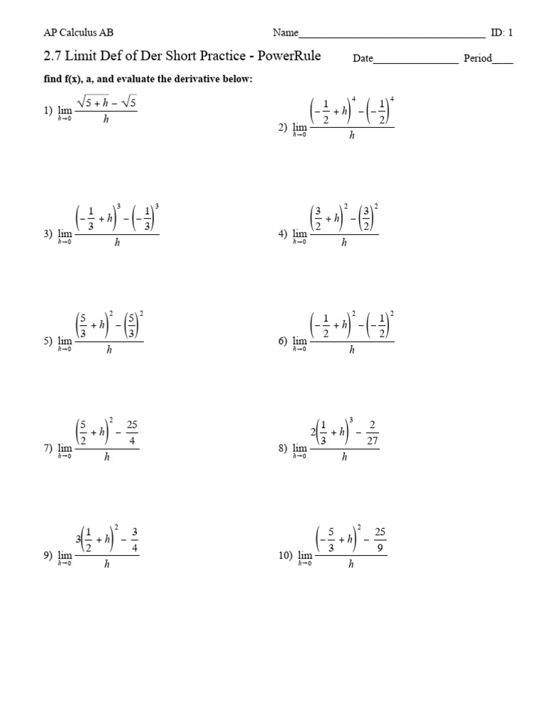 AP Calculus AB Derivative Limits Worksheet | PDF