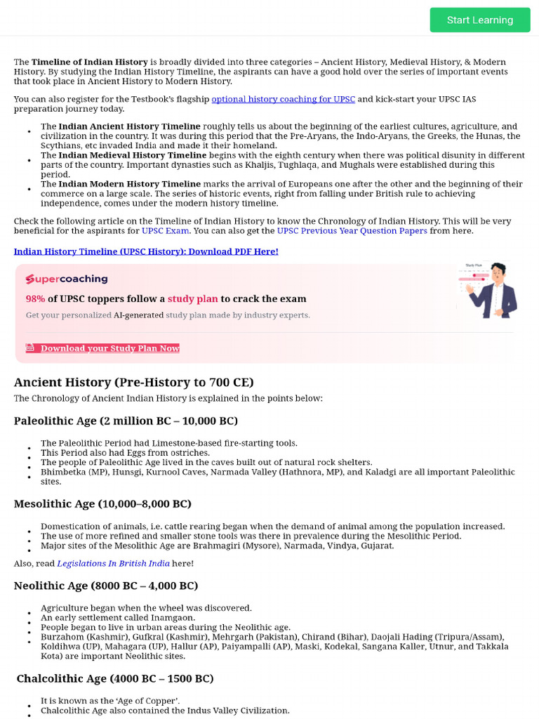 Indian History Timeline - Ancient History To Modern History of India | PDF